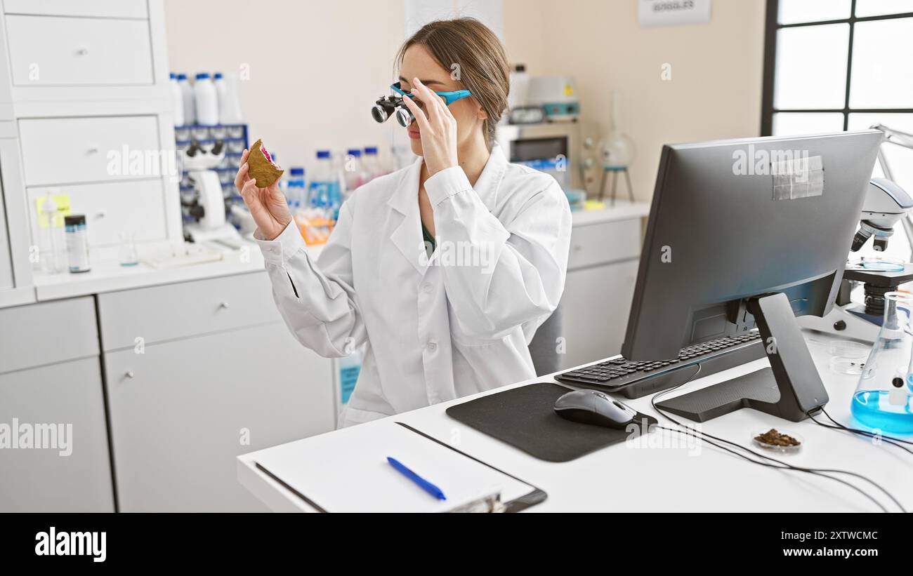 A woman scientist examines geology sample with loupe in modern ...