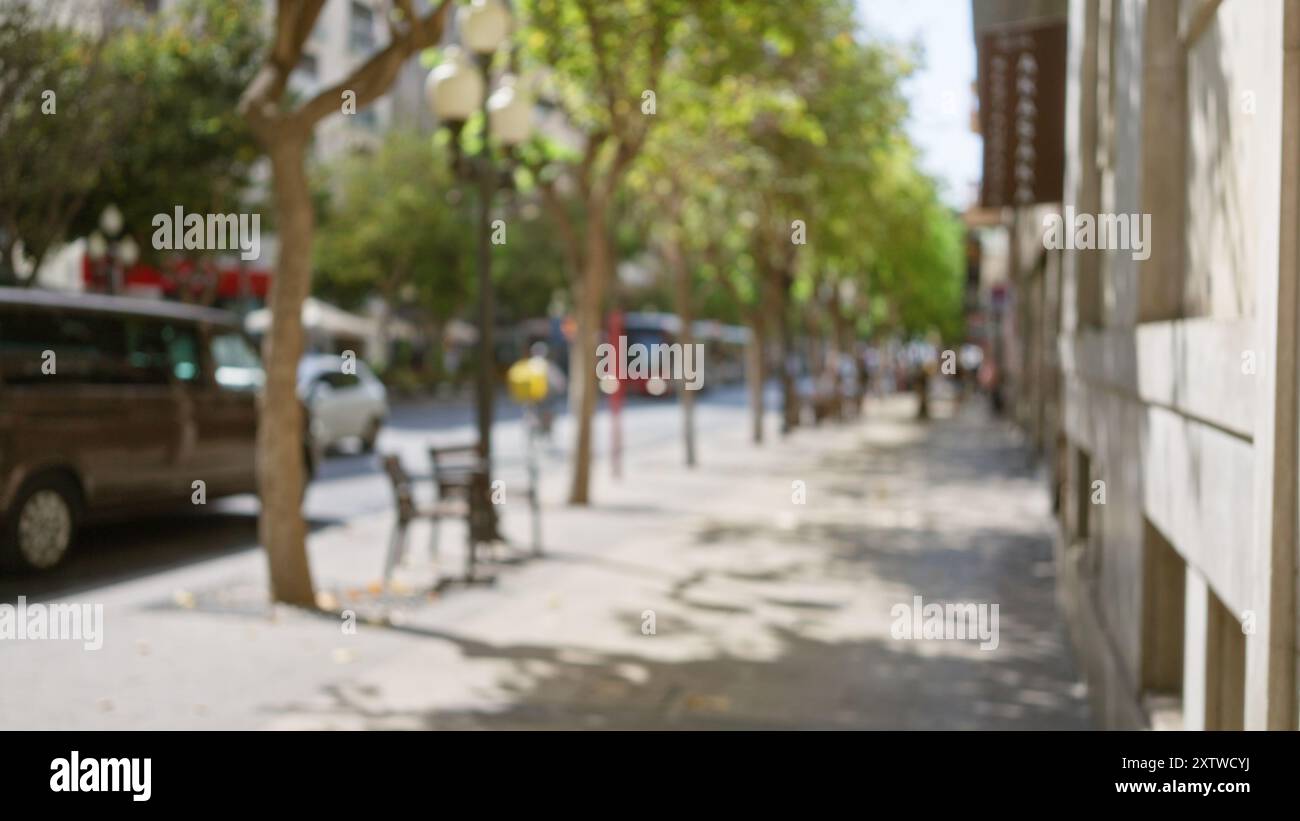 Outdoor blurred street scene showing defocused trees cars people and ...