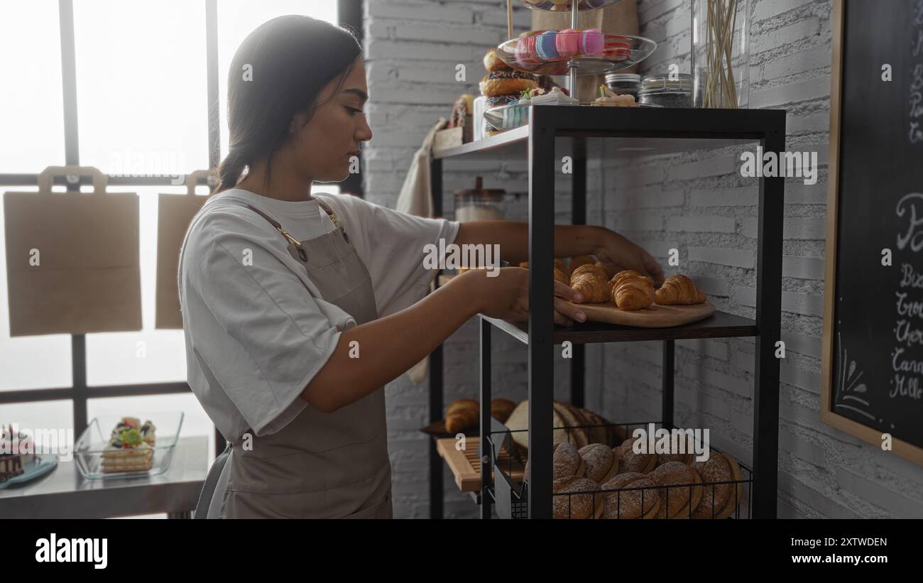 Young woman arranging pastries in a bakery shop interior, showcasing ...