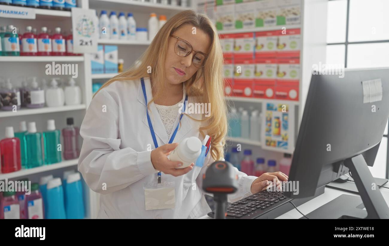 Blonde woman pharmacist analyzing medication in a modern drugstore ...