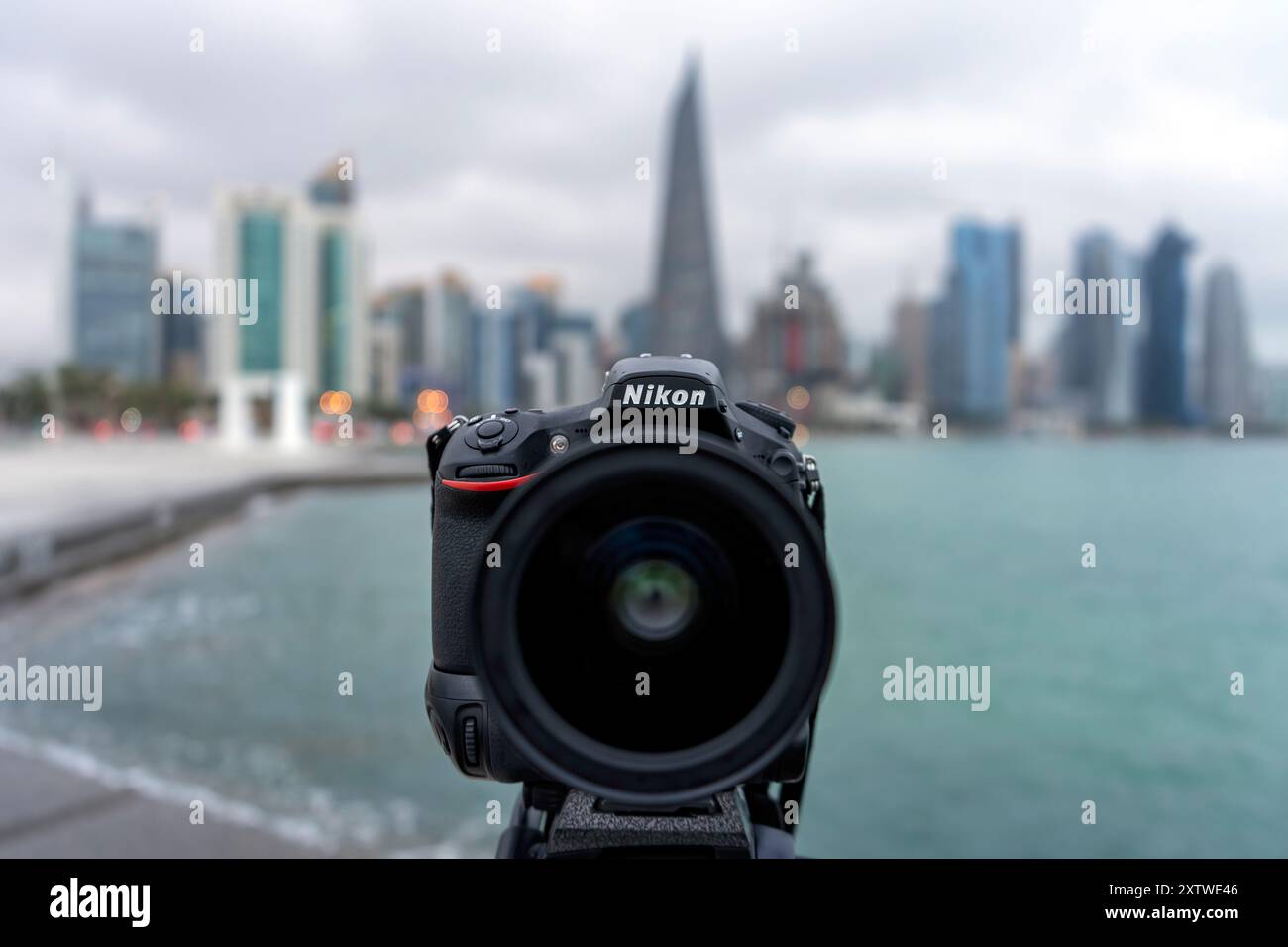 Nikon Camera in front of Doha Skyline. Selective Focus Stock Photo - Alamy