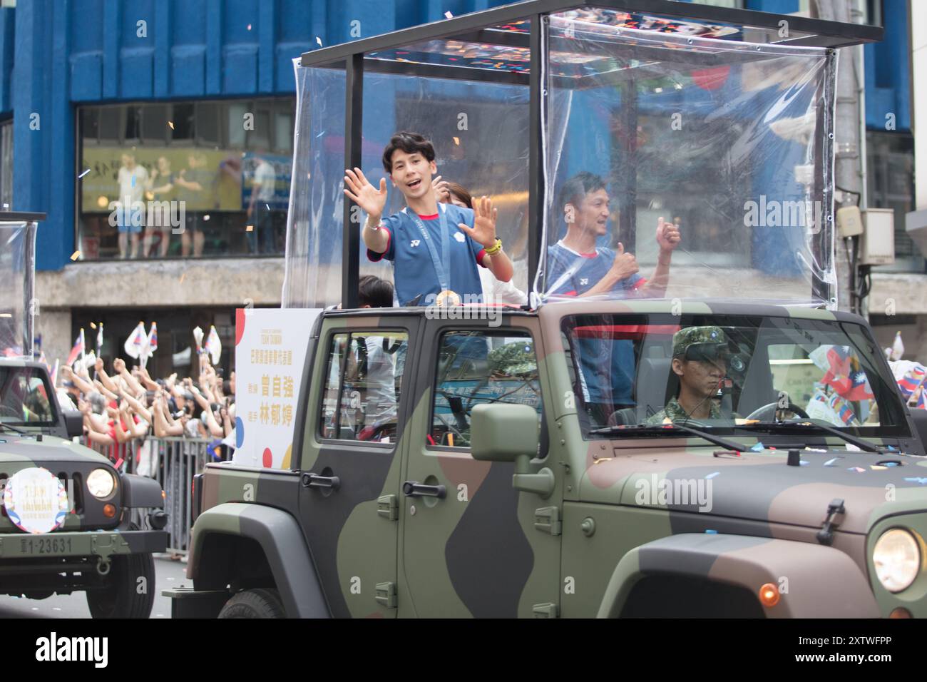 Yu-Ting Lin waved during a parade in Taipei on August 16, 2024. Lin won ...