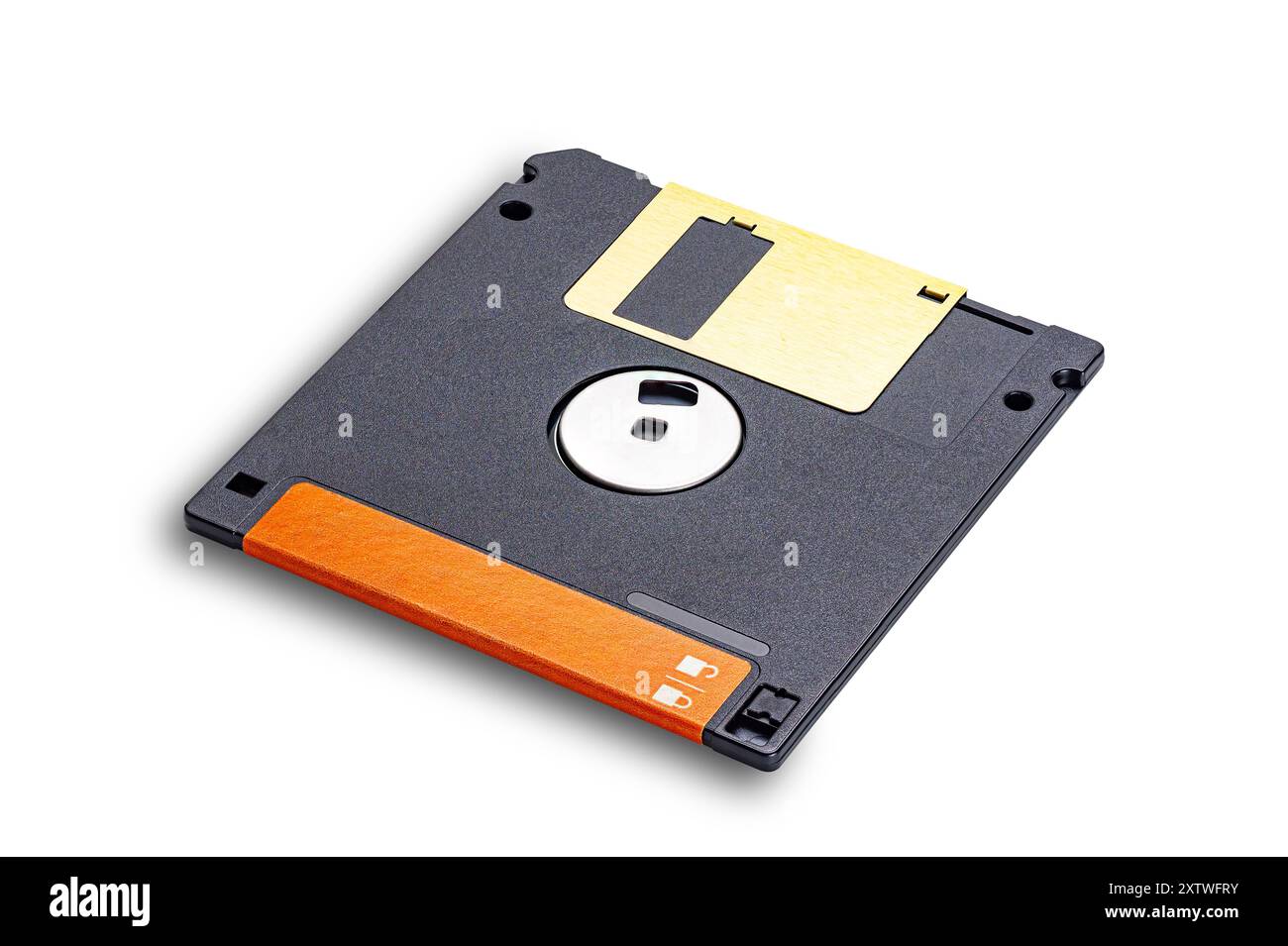 High angle view of single old data storage technology black floppy disk ...