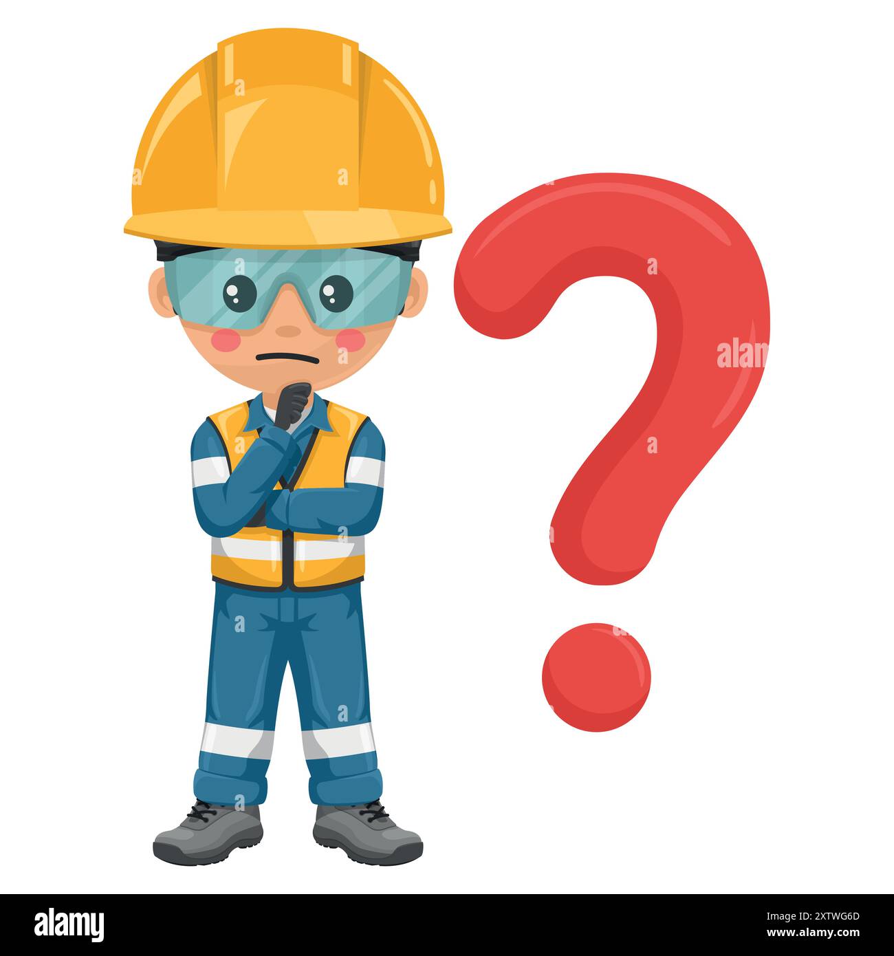 Industrial engineer pensive and expressing doubt with giant question ...