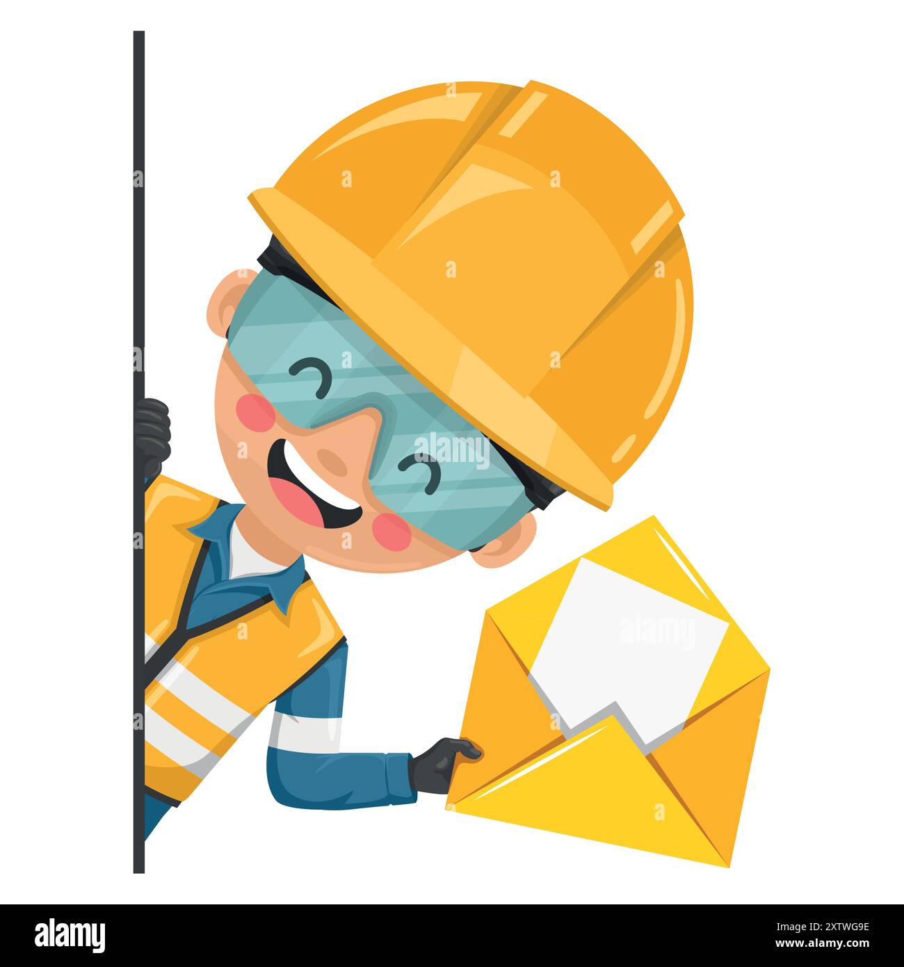 Industrial engineer peeking out from behind a wall with open letter ...