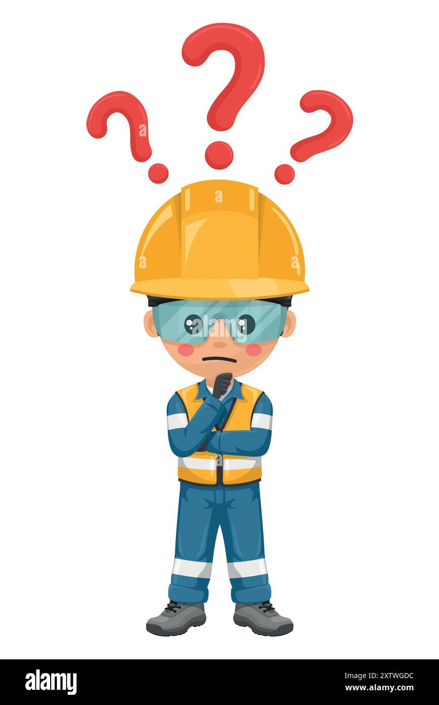Industrial engineer pensive and expressing doubt with question sign for ...