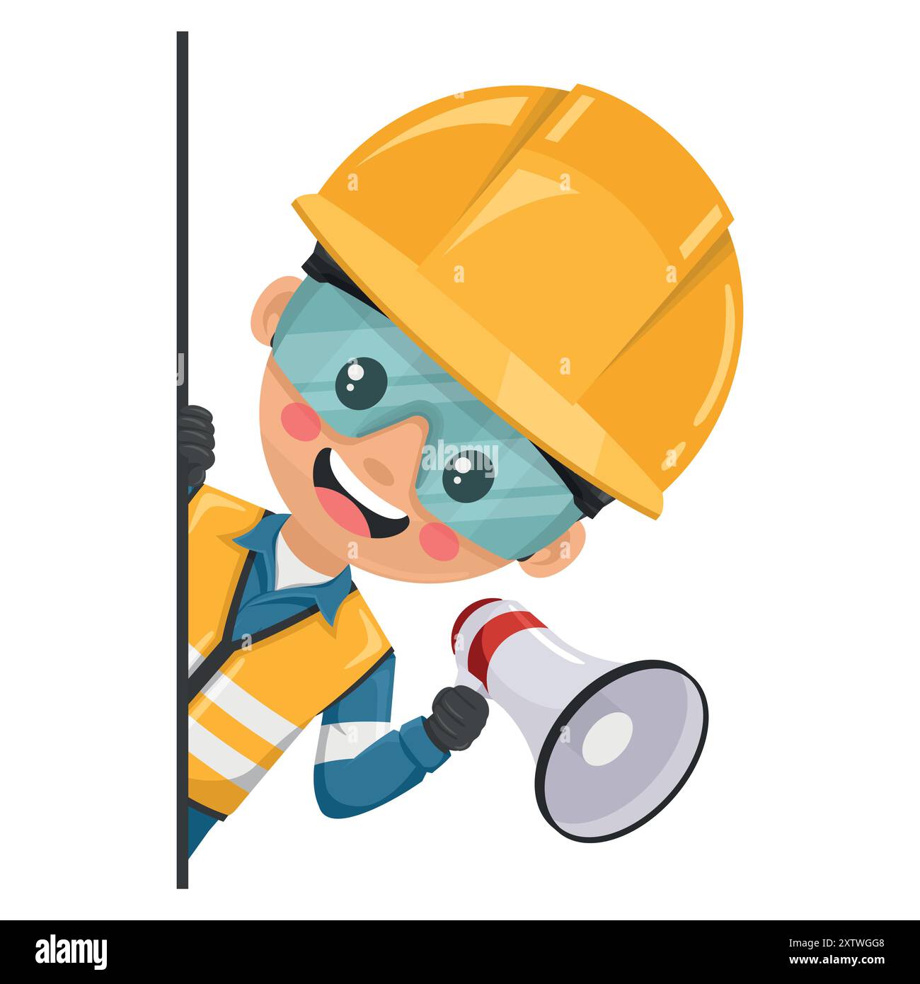 Industrial engineer peeking out from behind a wall making an ...