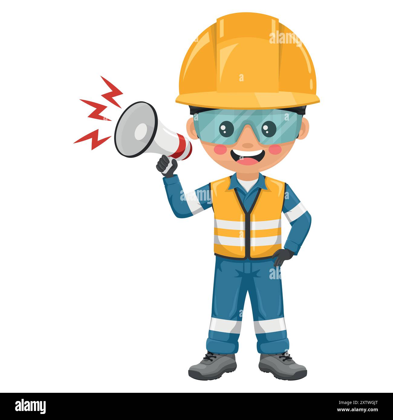 Industrial engineer dressed in reflective safety vest, blue coverall ...
