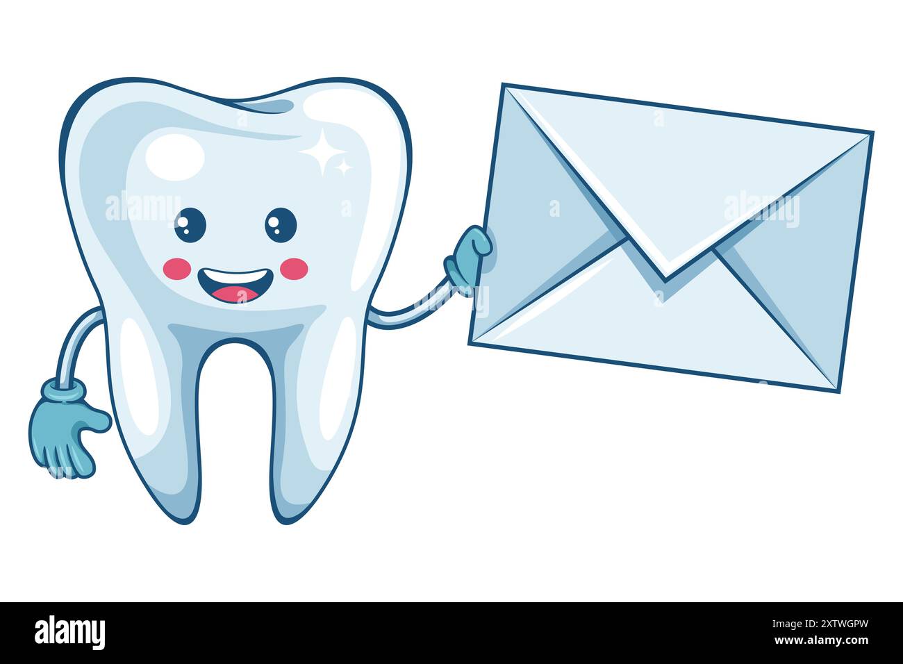 Cartoon of a tooth character with letter envelope for email. Prevention ...