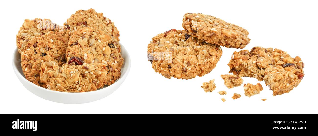 Granola cookie in ceramic bowl isolated on white background with full ...