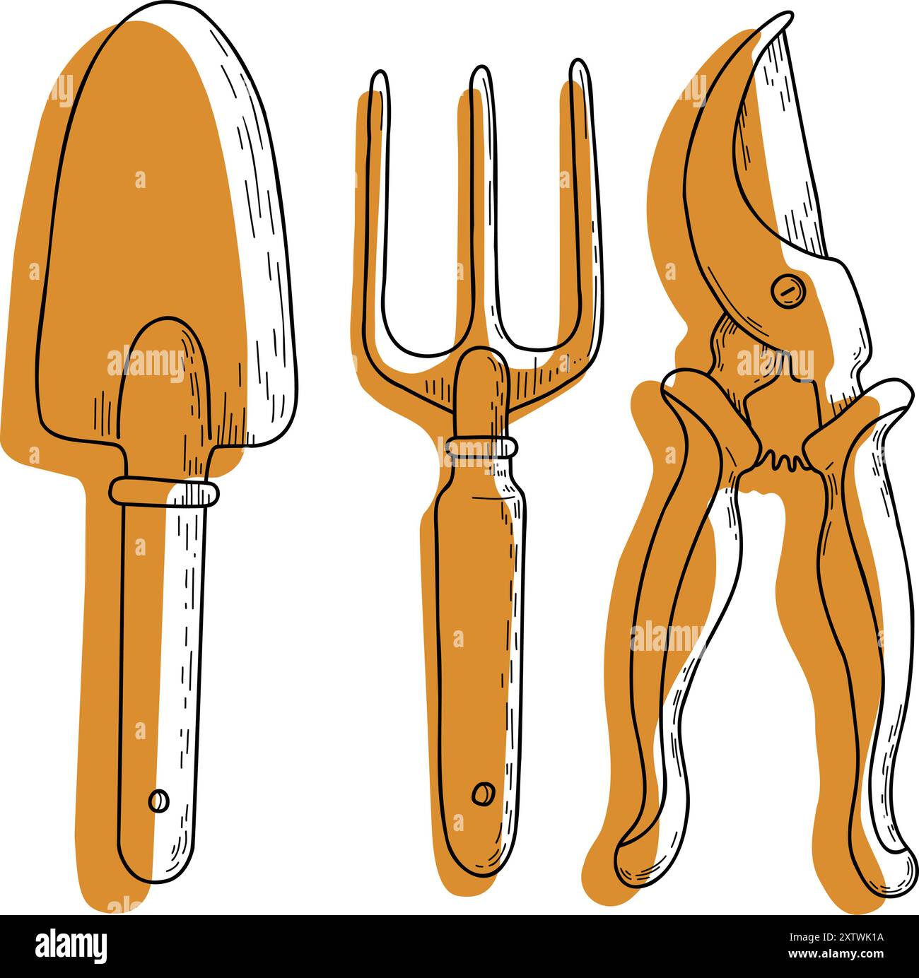 Garden tools linear icons and doodles. Garden rake, garden fork, flower ...