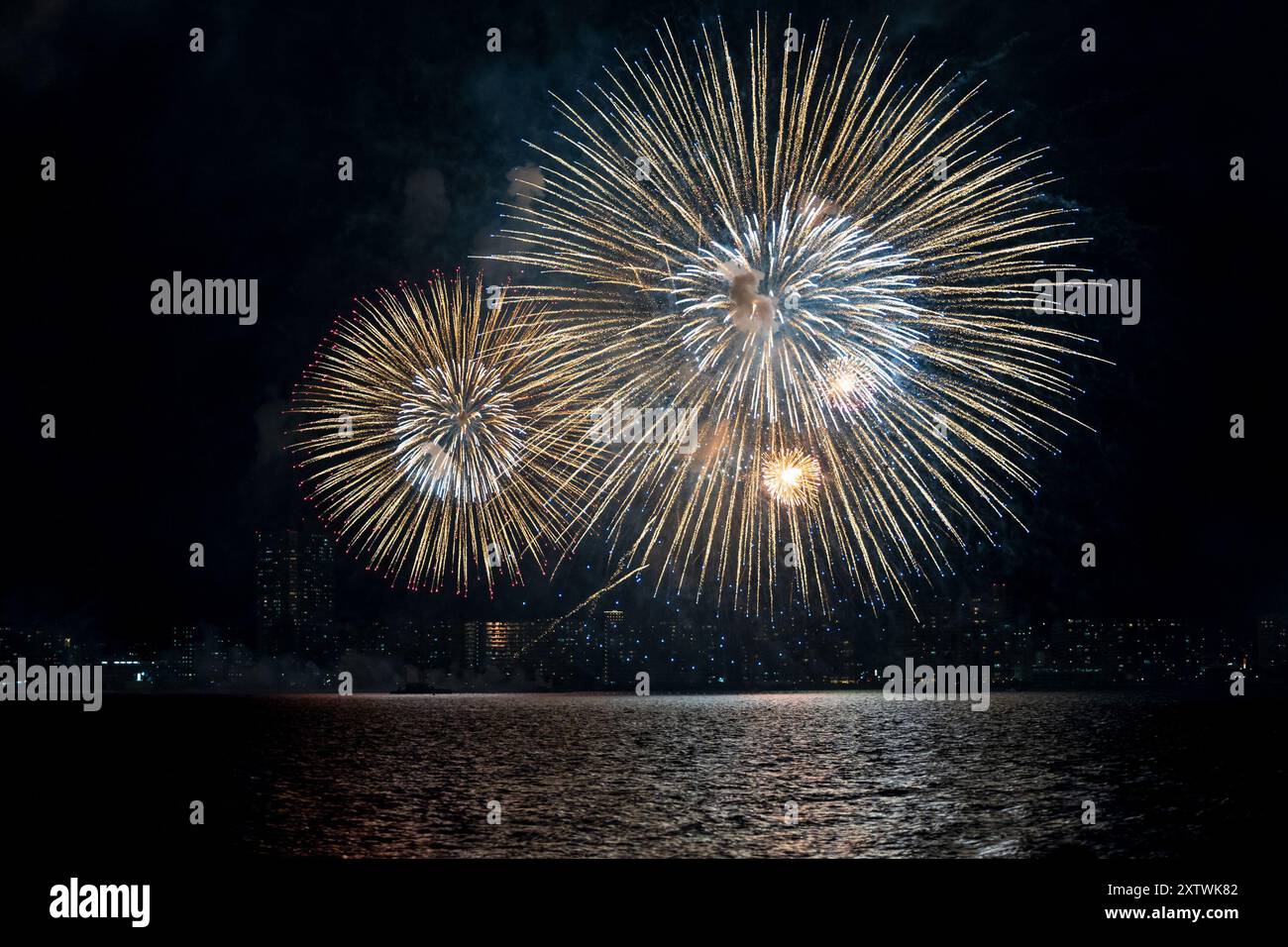 Lake Biwa Great Fireworks Festival. A display of colorful fireworks are ...