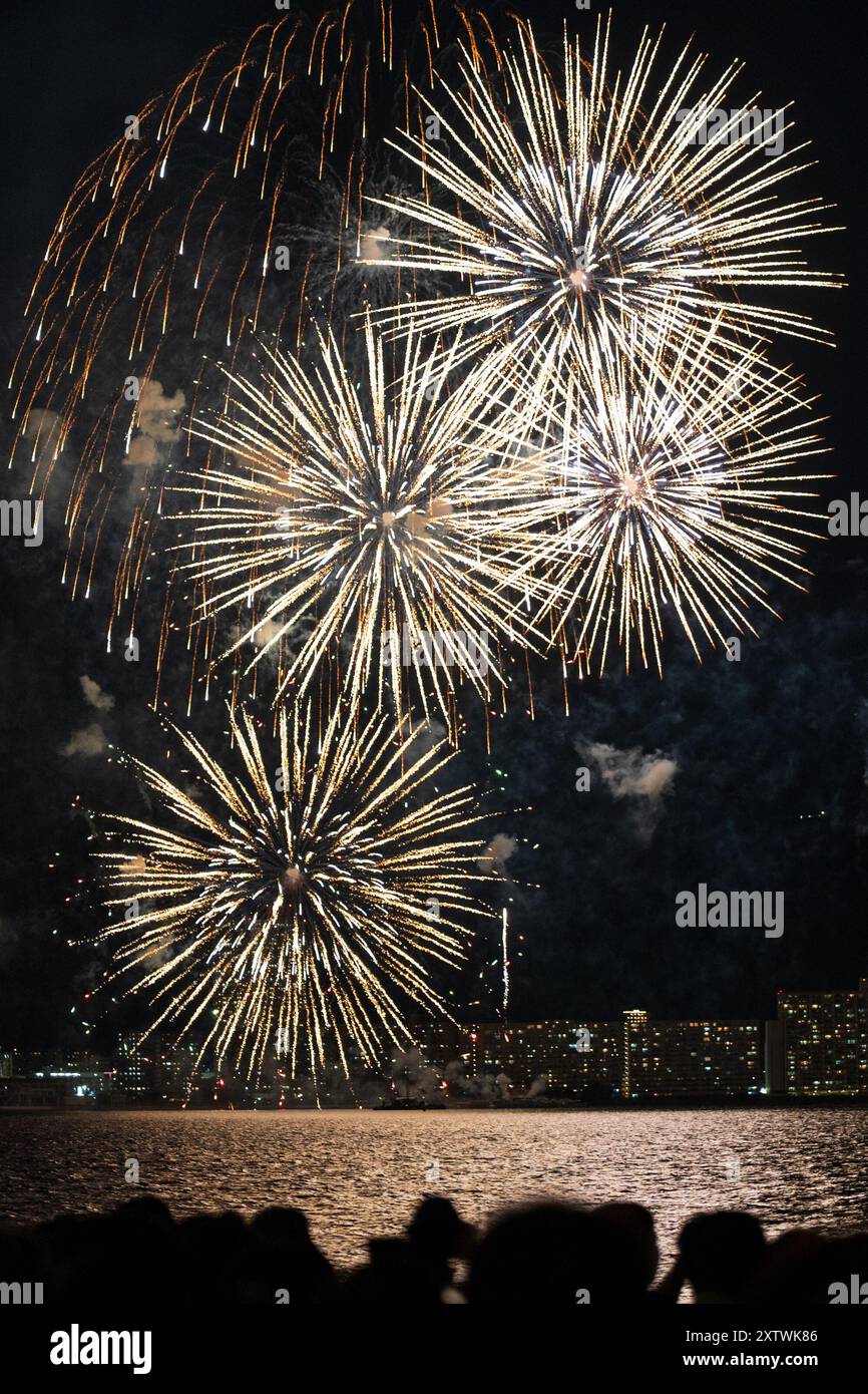 Lake Biwa Great Fireworks Festival. A display of colorful fireworks are ...