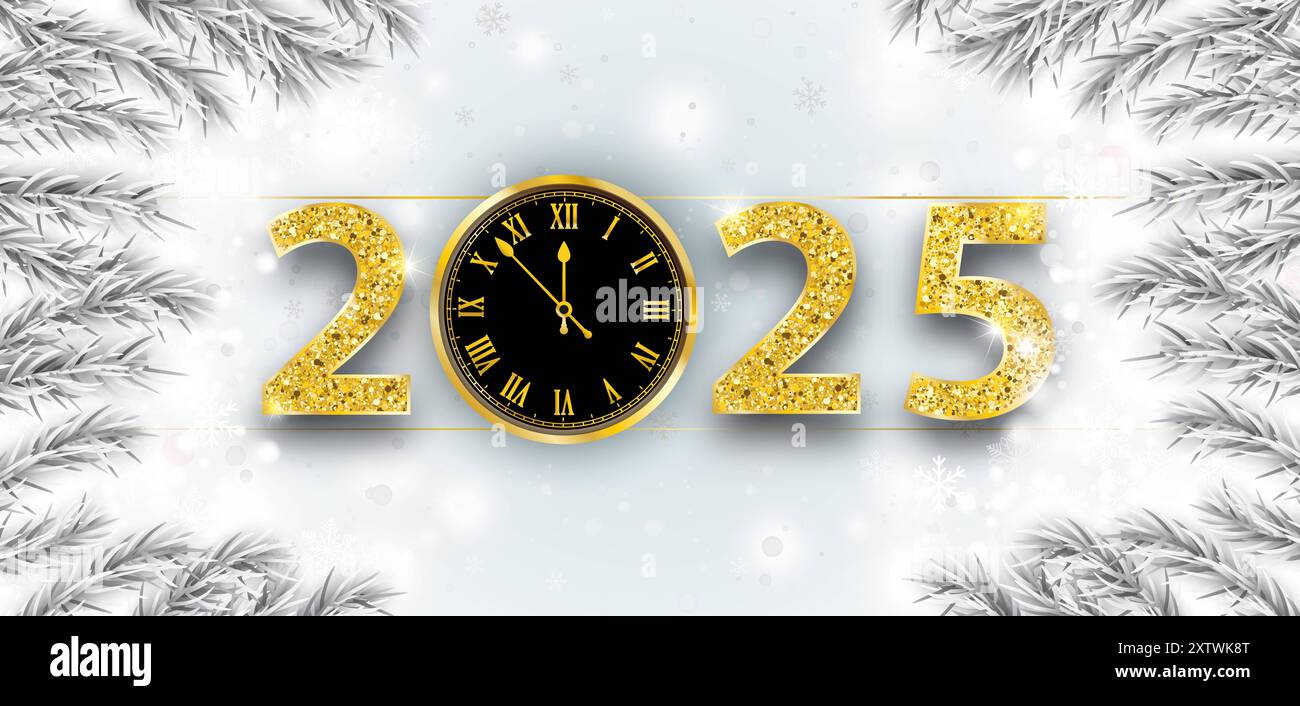 Clock 2025 Frozen Branches Snowfall Christmas Header White header with ...