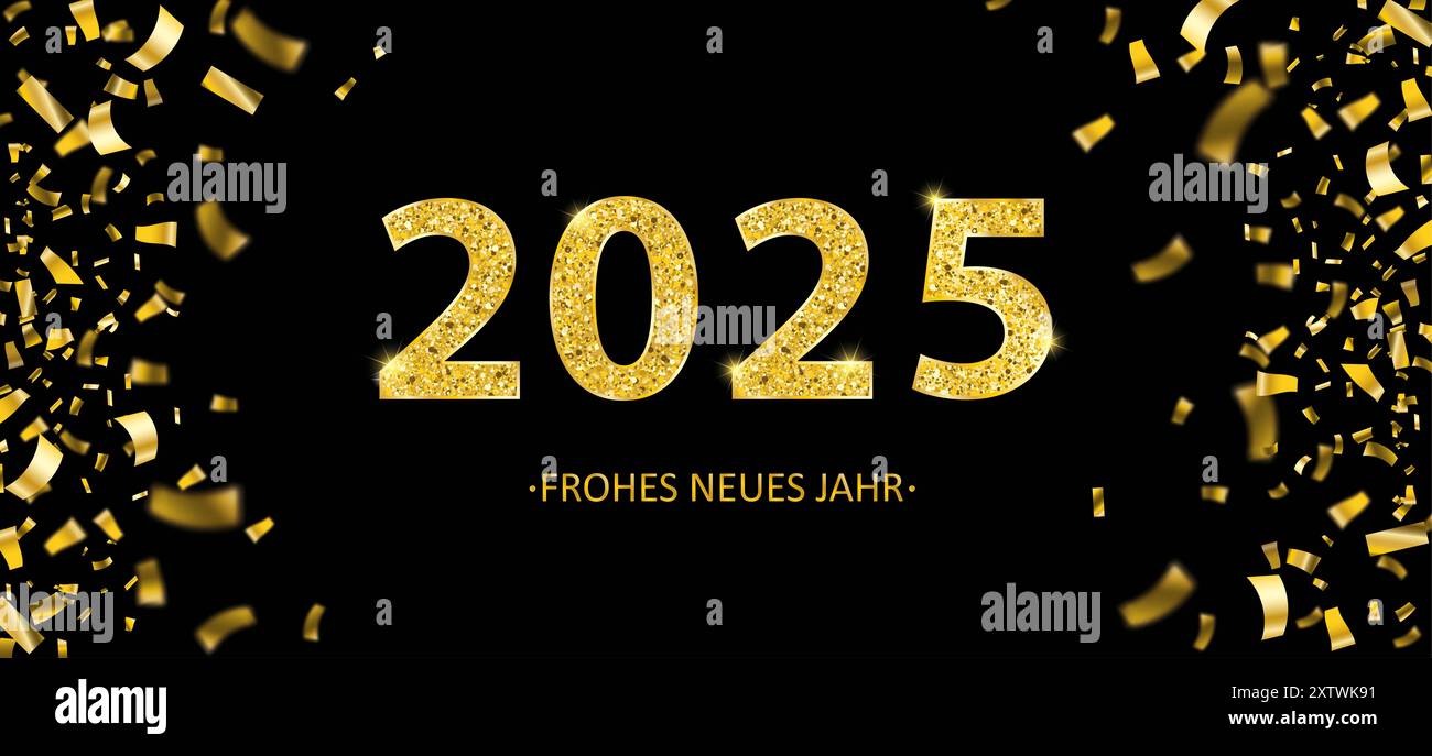 2025 Neues Jahr Golden Confetti Black Header German text Frohes Neues ...