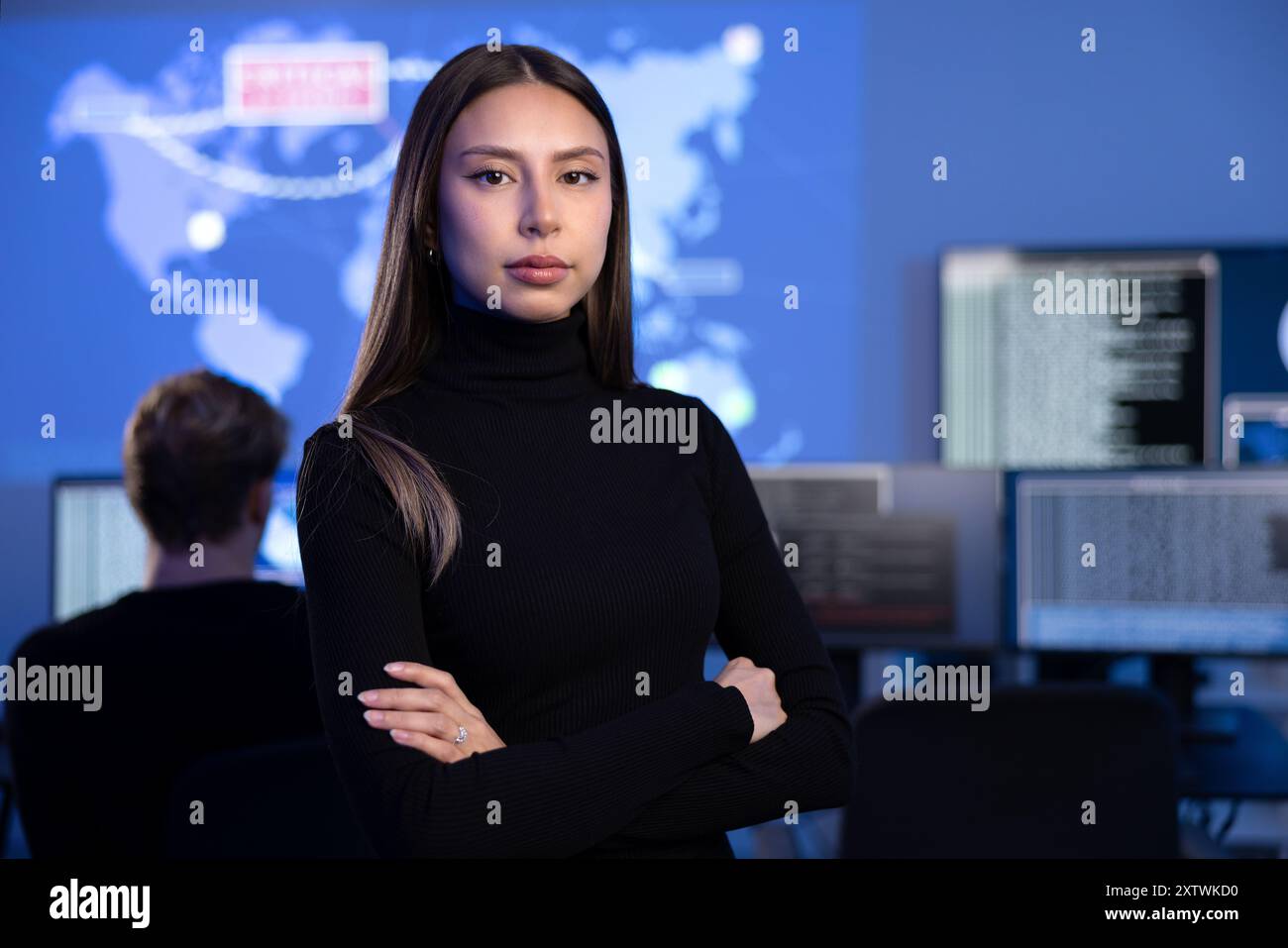 Serious Female Cybersecurity Analyst or Manager in large Cyber Security ...