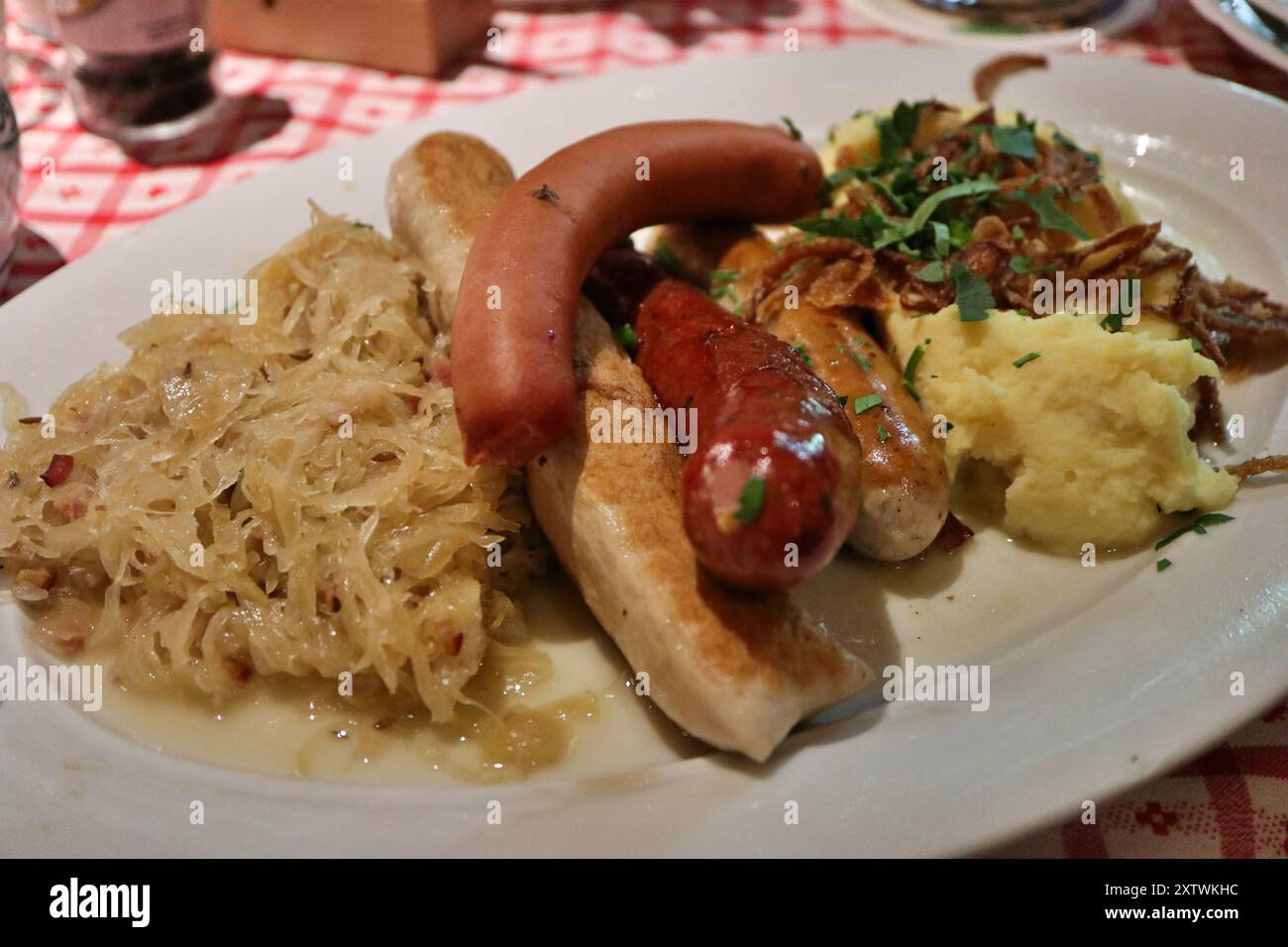 German cuisine: bratwurst (grilled pork sausages), mashed potatoes and ...