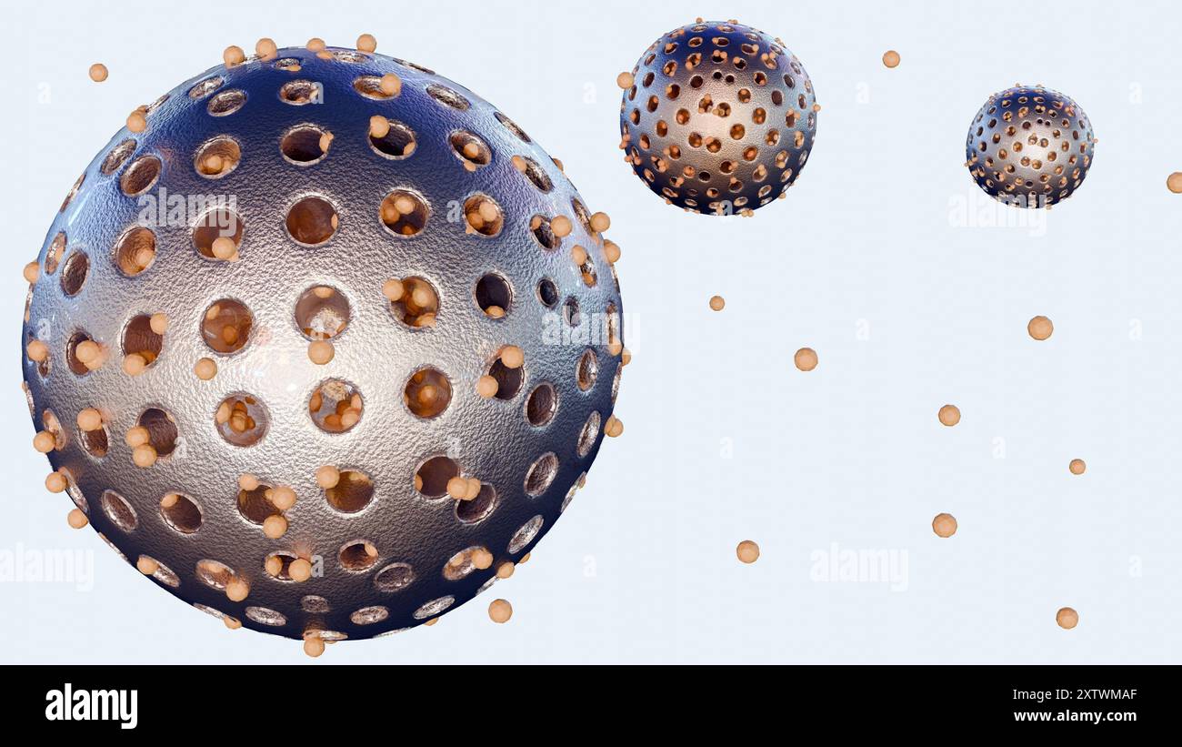 3D rendering of mesoporous silica nanoparticles actively releasing ...