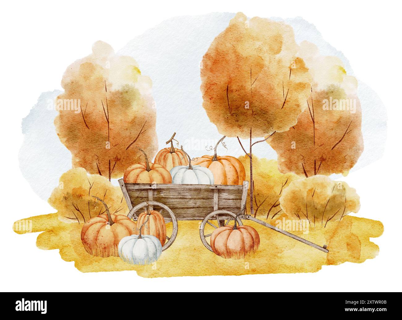 Wheelbarrow with Pumpkins in a autumn forest. Watercolor illustration ...