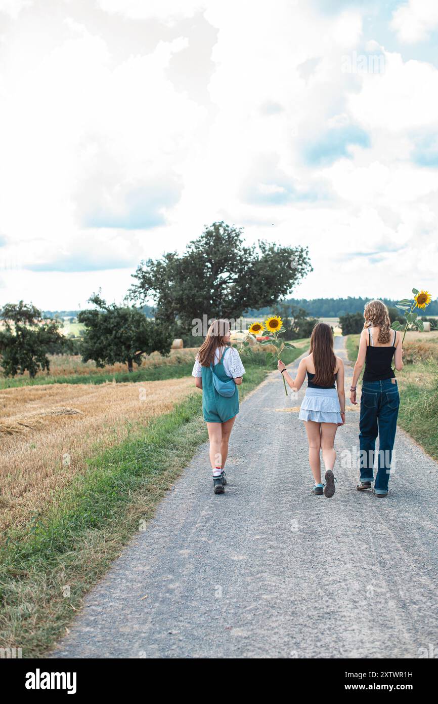 Rear view of young teenagers walking away holding sunflowers Stock ...