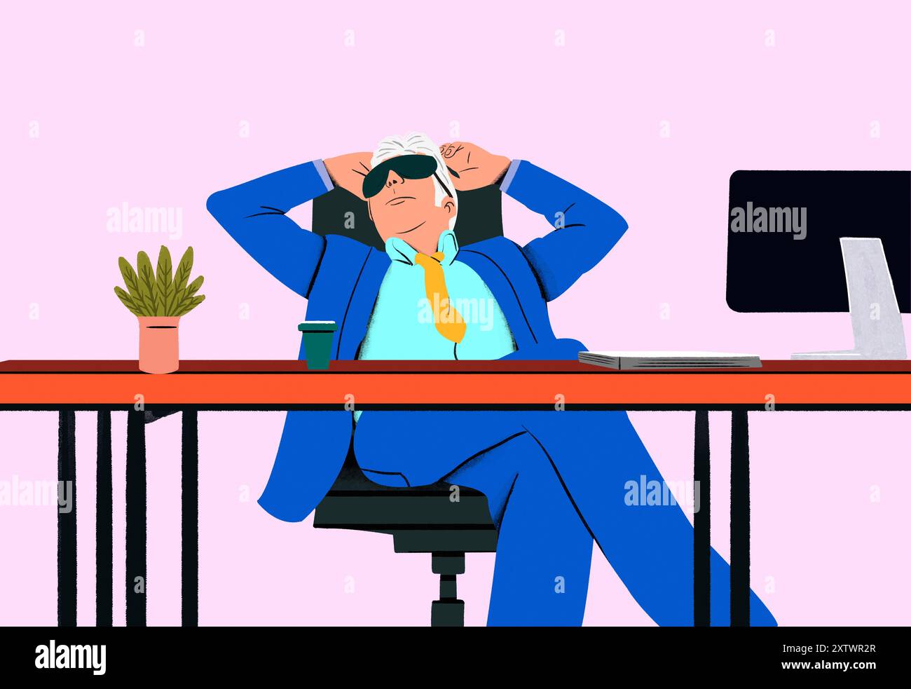 Relaxed businessperson with hands behind head leaning back at their ...