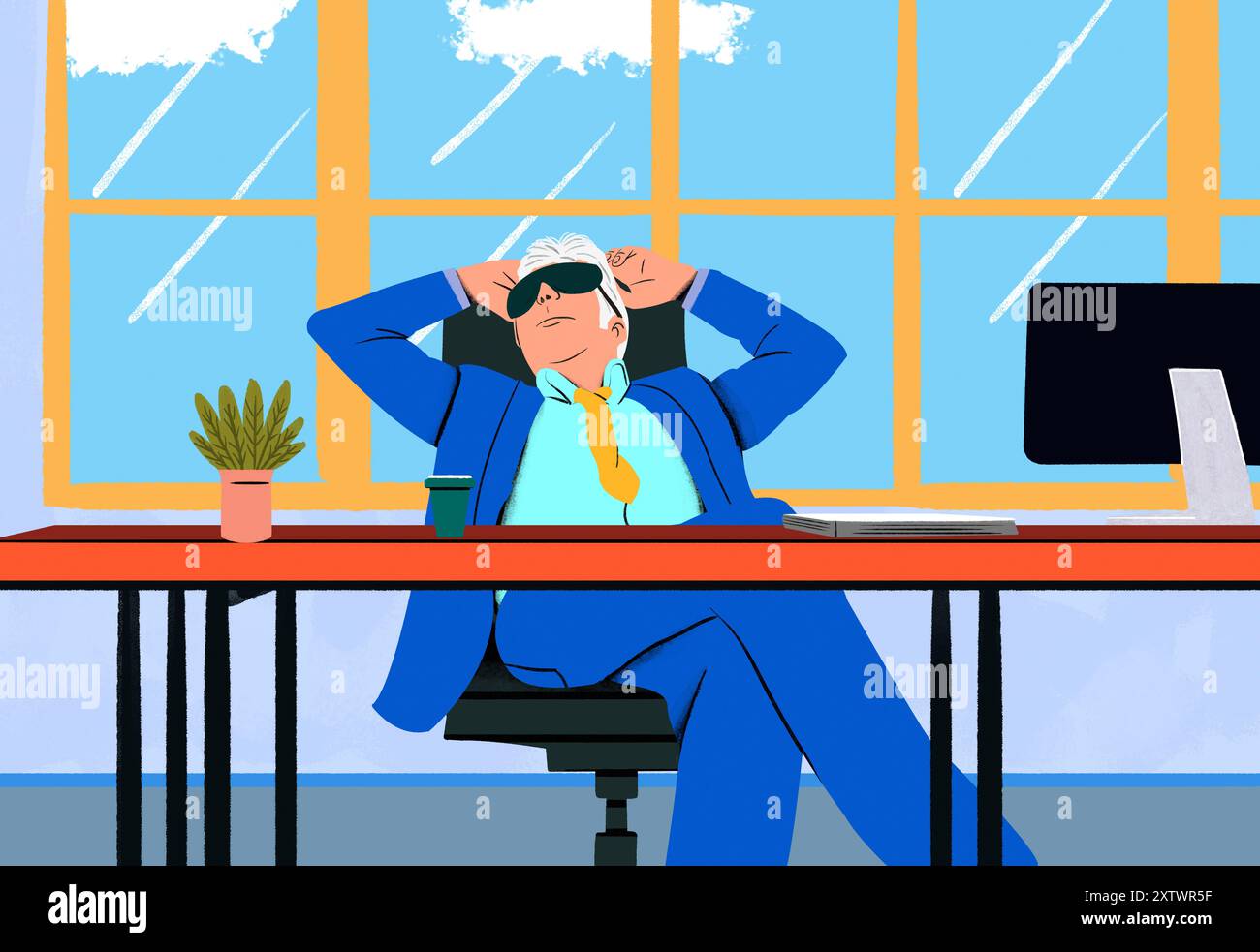 Stressed businessman at desk with computer in a modern office, wiping ...