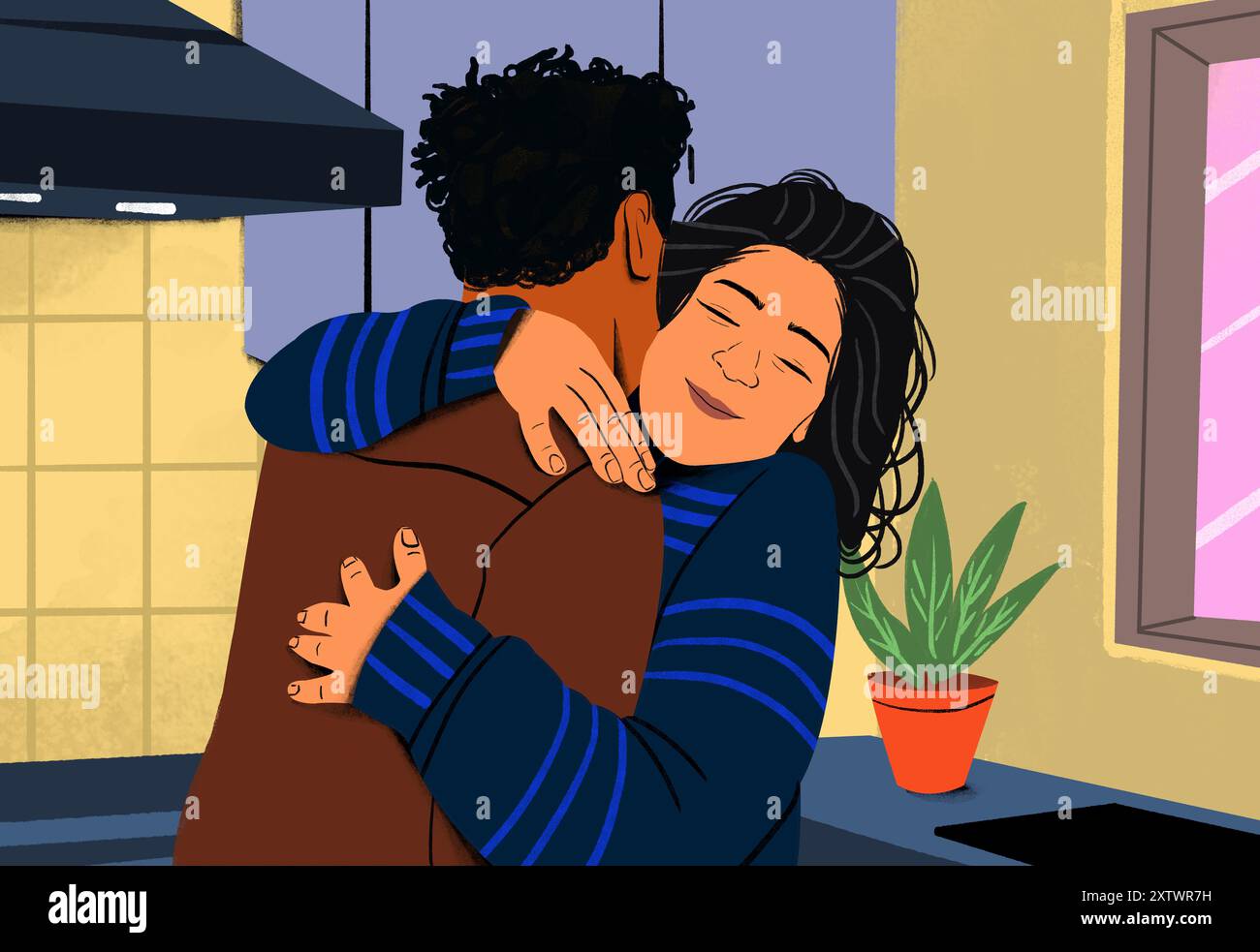 Two people sharing a warm, affectionate hug in a cozy interior setting ...