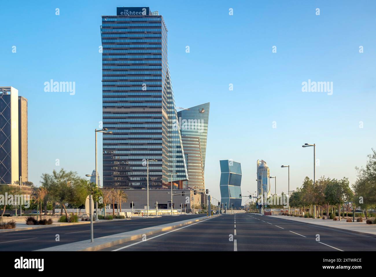 Modern designed Towers constructed at Lusail city with clear blue sky ...