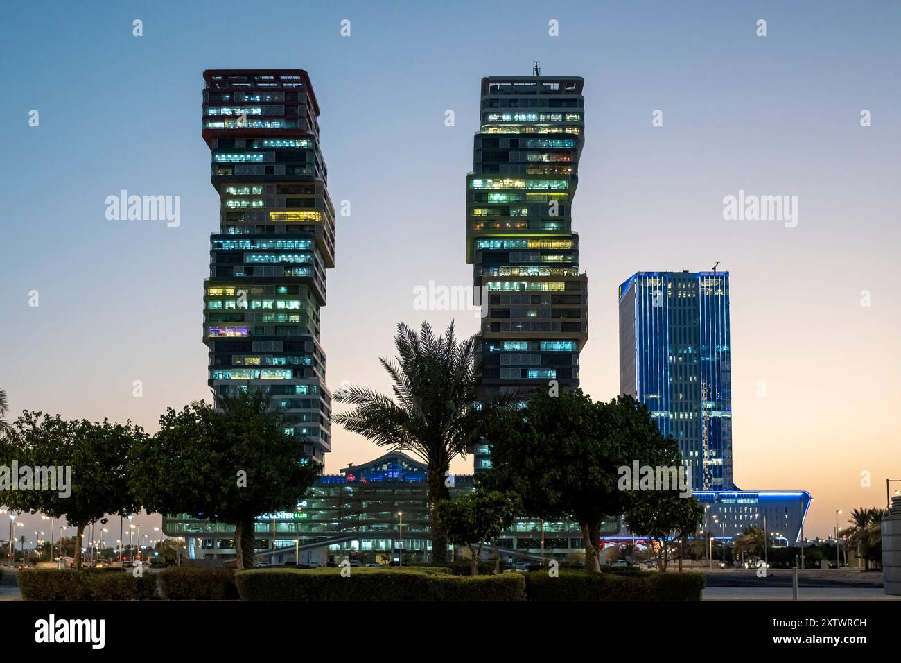 Modern designed Towers constructed at Lusail city with clear blue sky ...