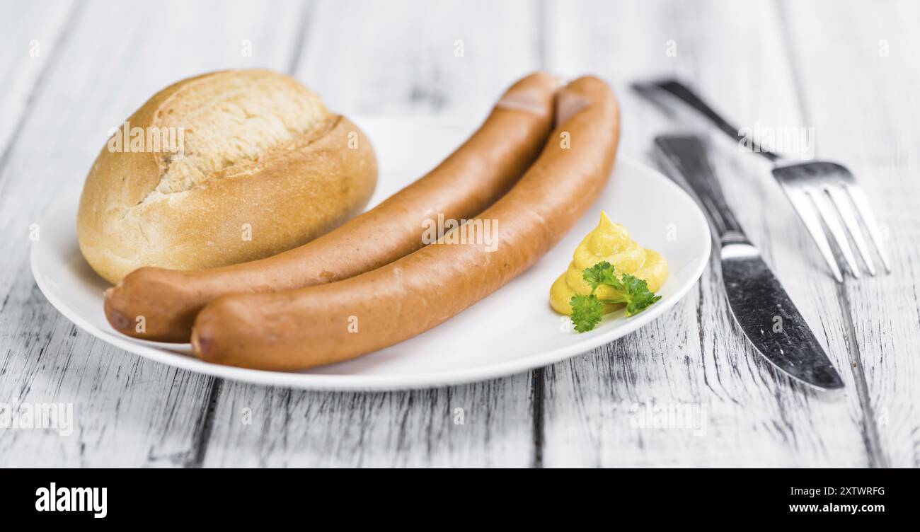 Fresh made German Sausages (Wiener) on a vintage background (close-up ...