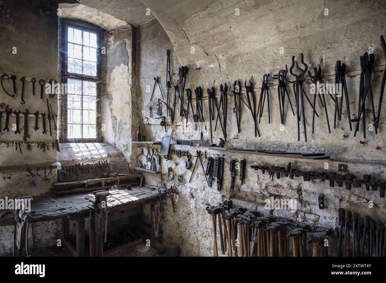 Historic forge, workshop with tools and workbench, museum, Salem Castle ...