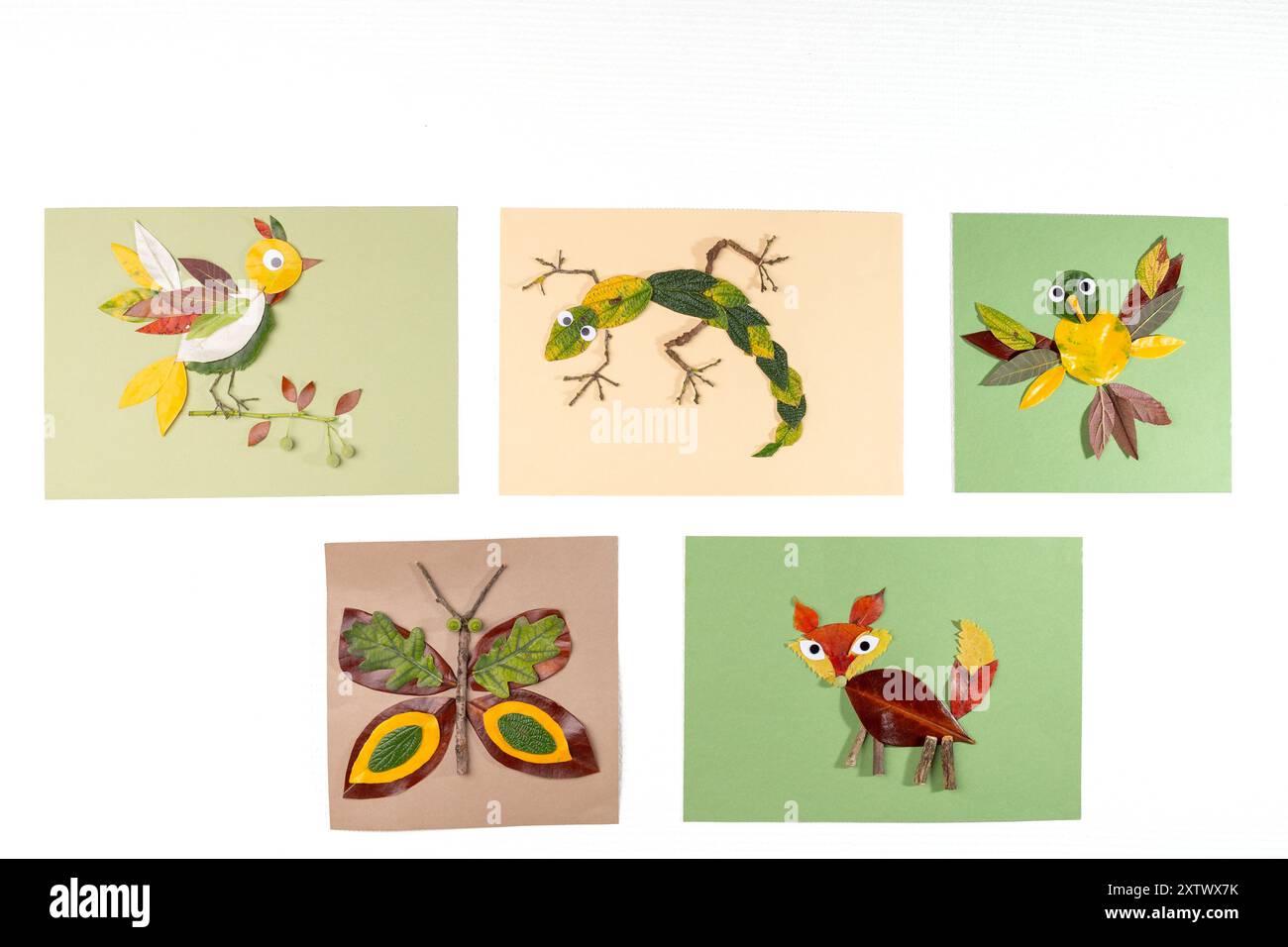 Handcrafted figures using leaves, seeds, petals, six vibrant designs on ...