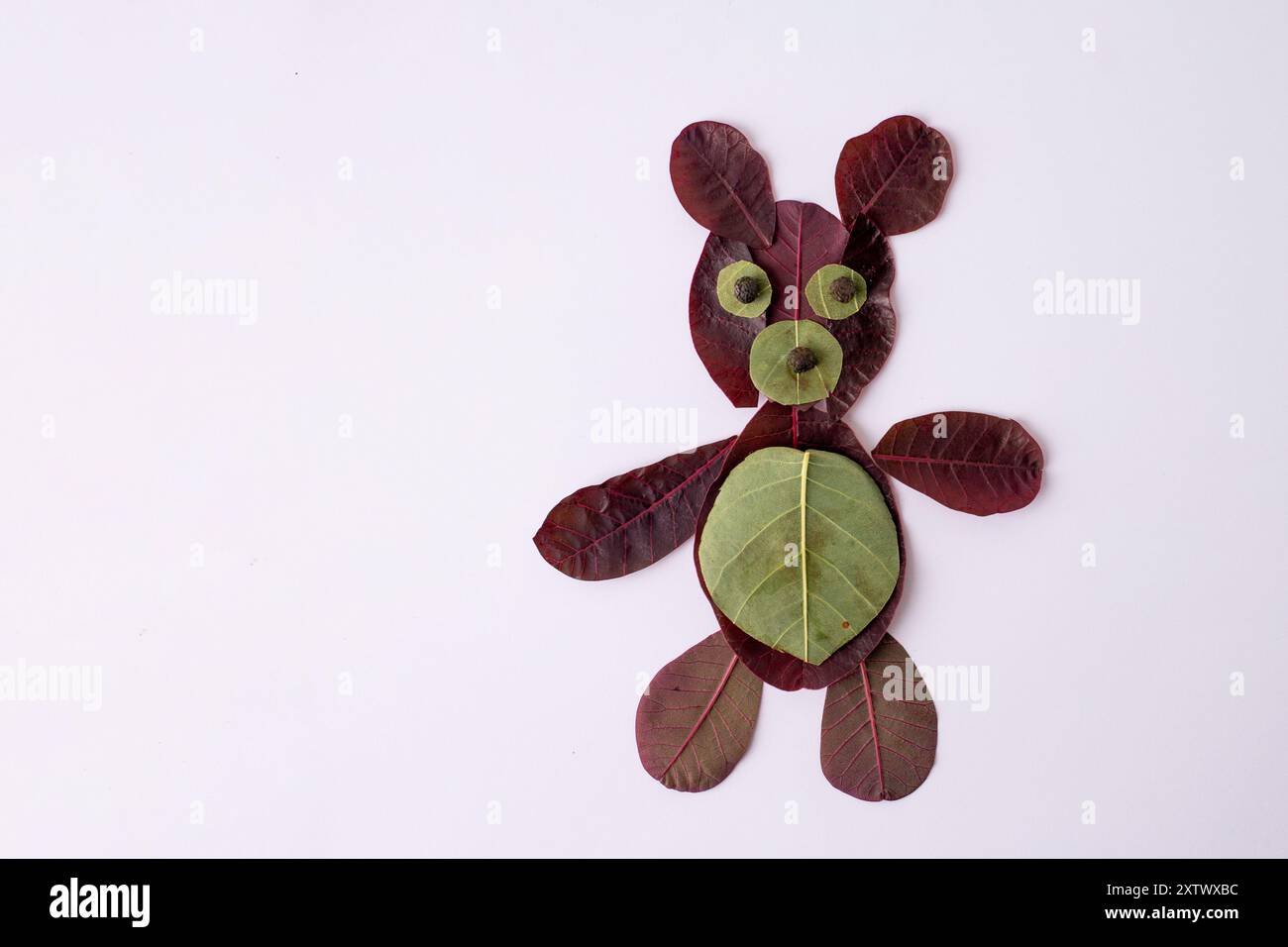 Creative depiction of teddy bear made from leaves on white surface ...