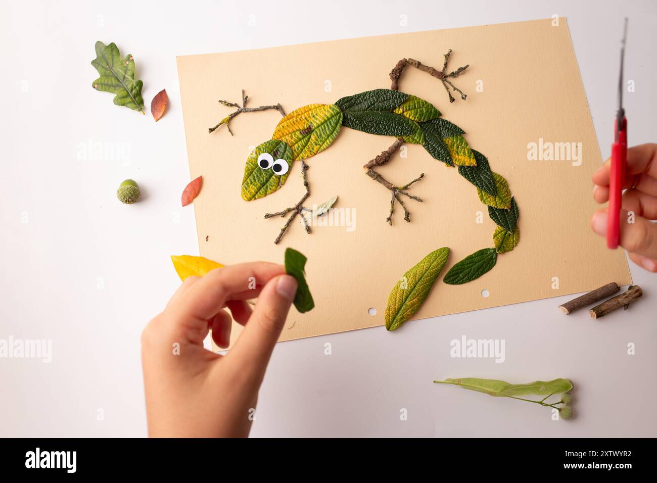 Lizard creatively depicted with natural materials on beige paper ...