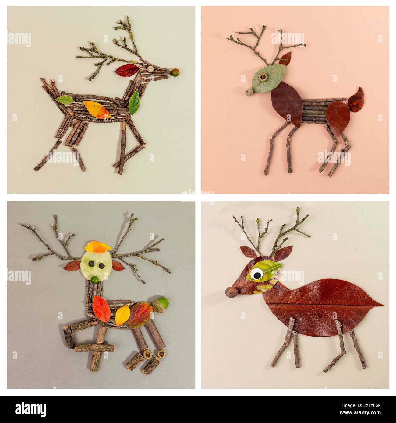 Collage of four artistic deer representations using natural materials ...