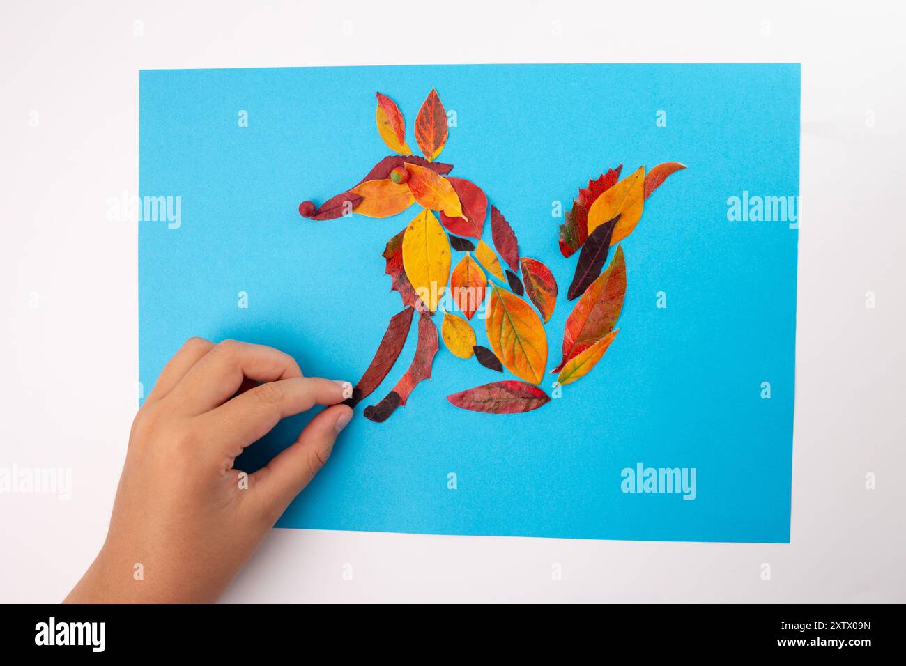 Autumn craft for kid, fox made of leaf on blue background, animal clip ...
