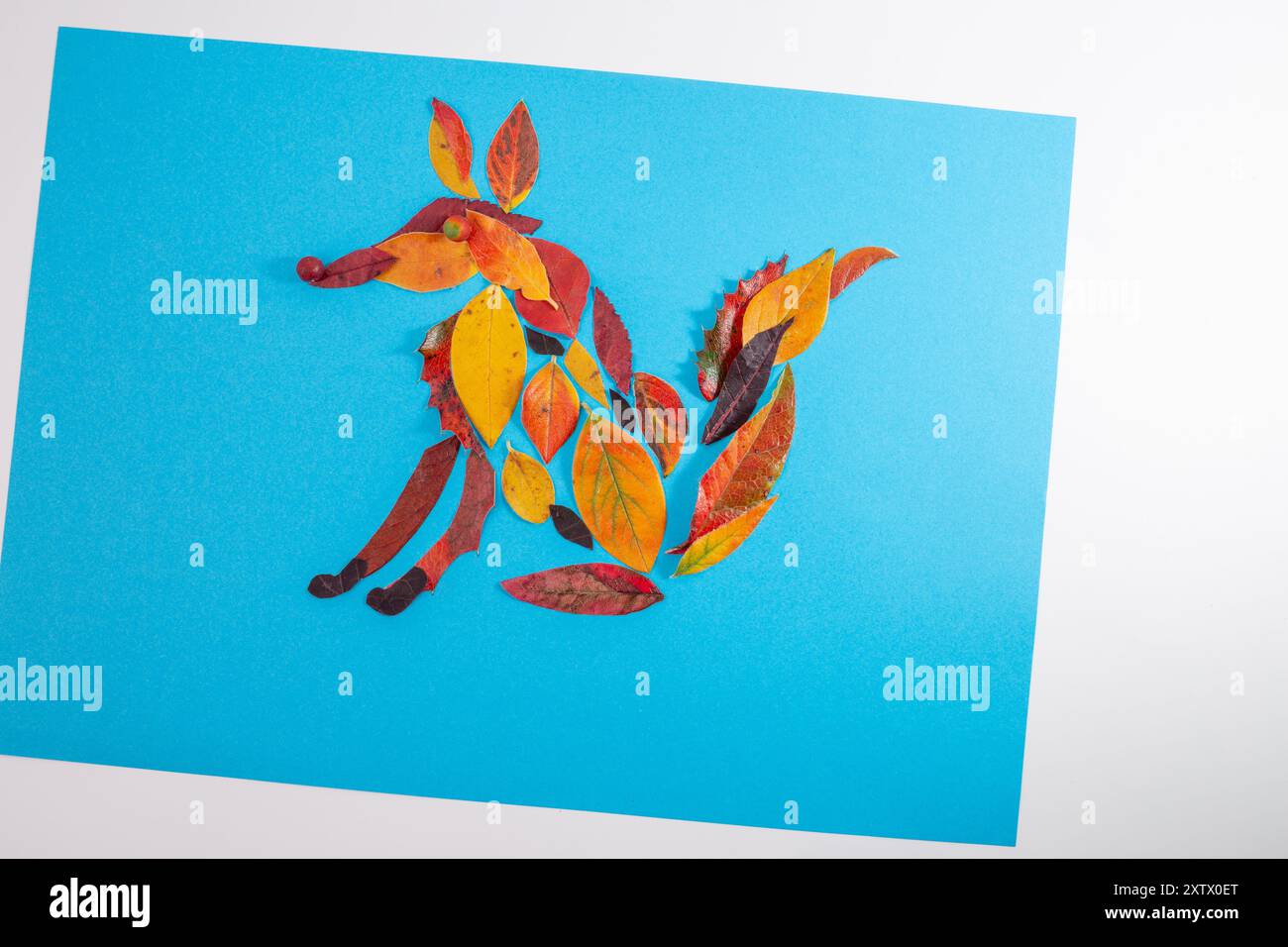Fall DIY, fox made of leaf on blue background, autumn craft for kid ...