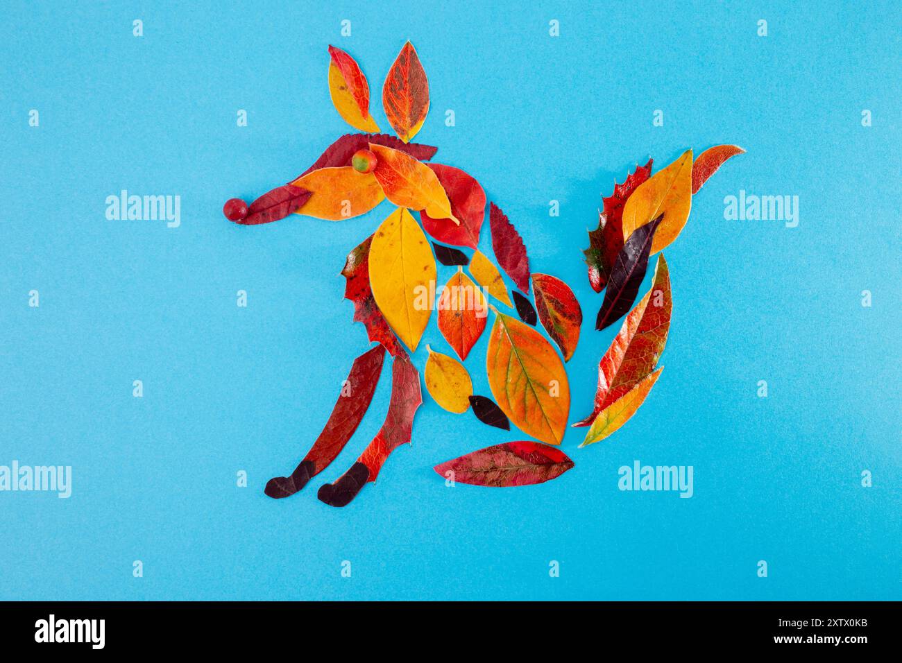 fox made of leaf on blue background, autumn craft for kid, animal clip ...