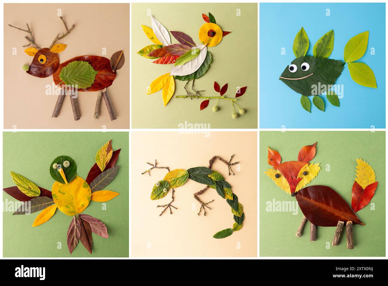 Collection of leaf art creations depicting animals crafted from natural ...