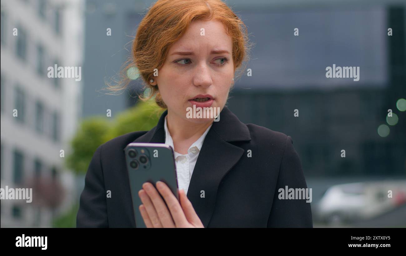Nervous sad Caucasian redhead businesswoman female girl woman student ...