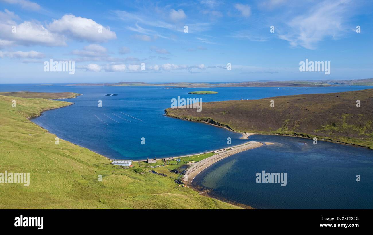 Aerial view of Swinister Voe and the Ayres of Swinister, Shetland ...
