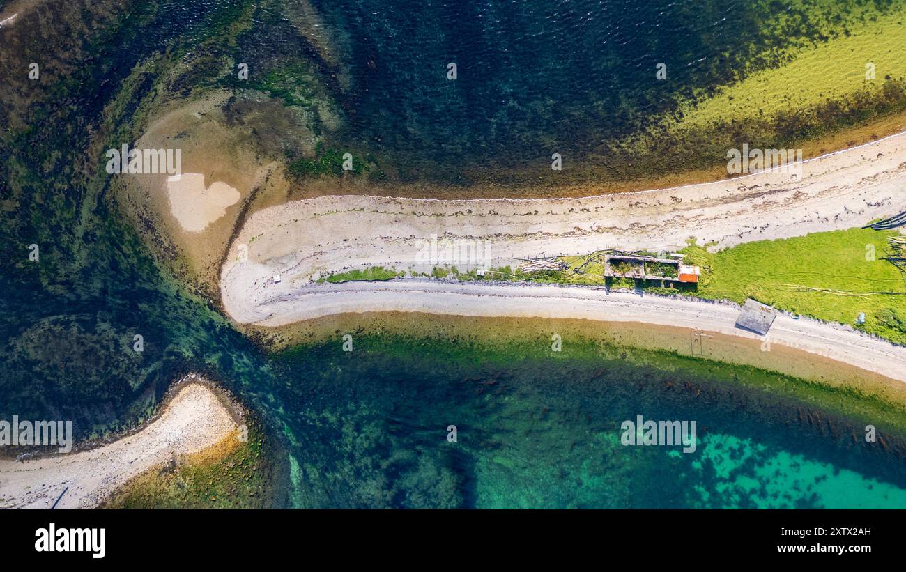 Aerial view of Swinister Voe and the Ayres of Swinister, Shetland ...