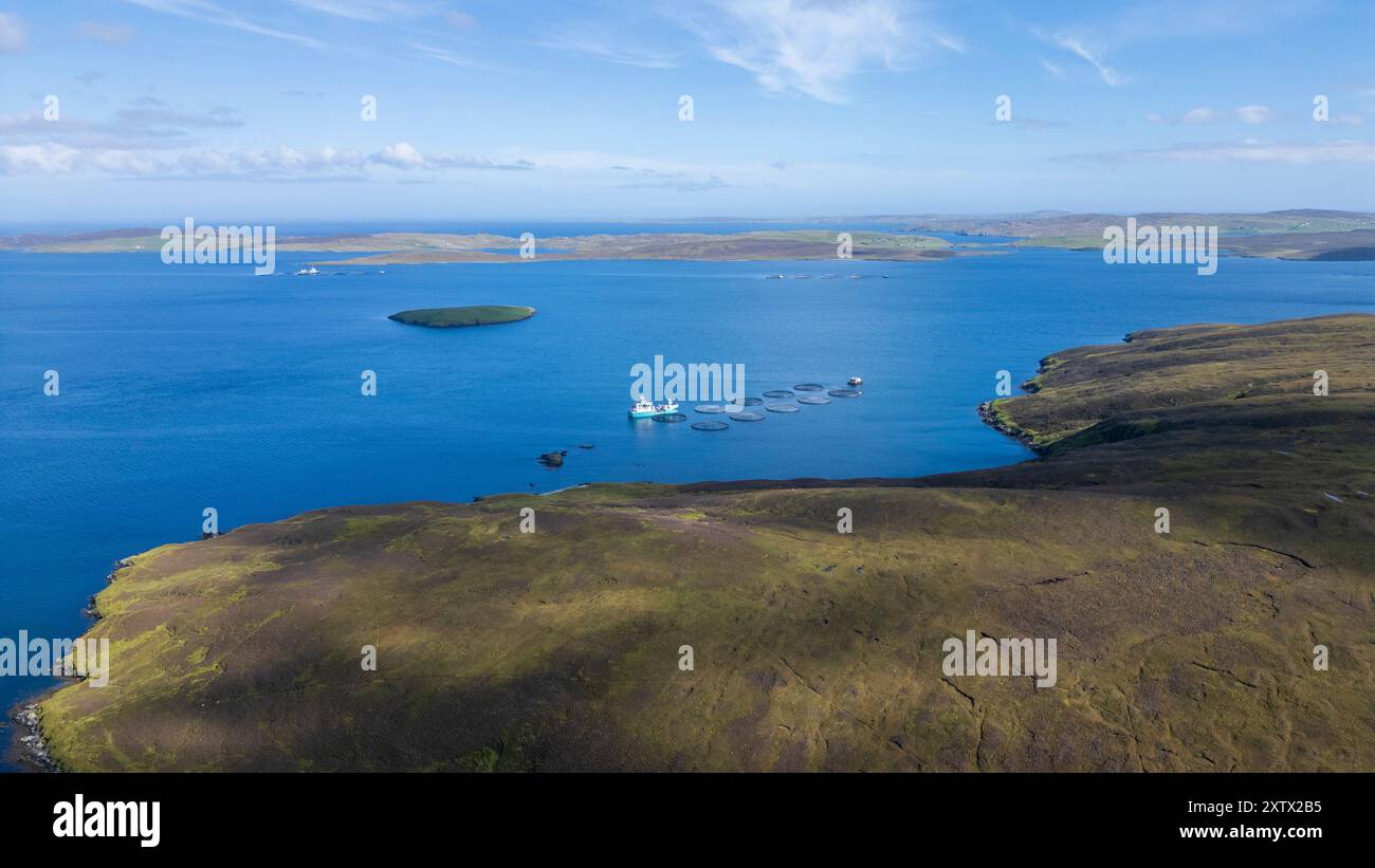 Aerial view of Swinister Voe and the Ayres of Swinister, Shetland ...