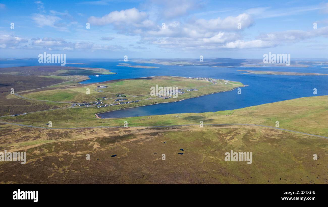 Aerial view of Swinister Voe and the Ayres of Swinister, Shetland ...