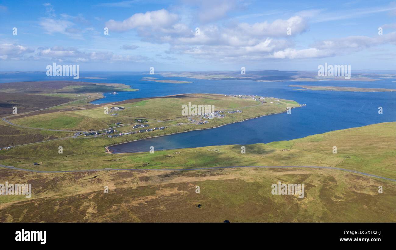 Aerial view of Swinister Voe and the Ayres of Swinister, Shetland ...
