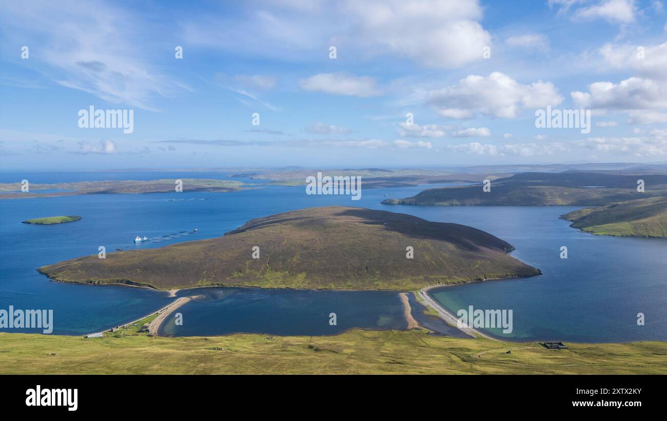 Aerial view of Swinister Voe and the Ayres of Swinister, Shetland ...