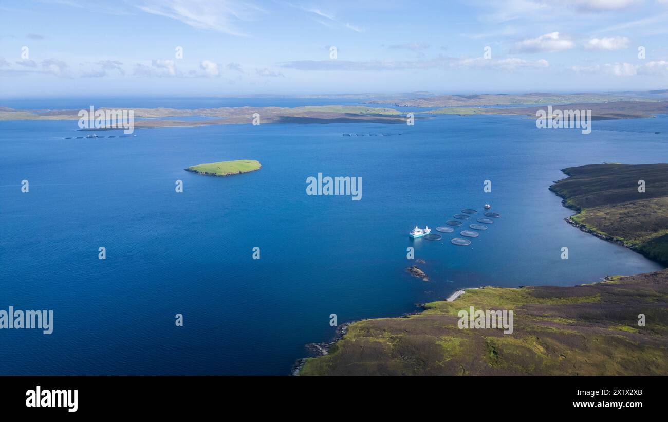 Aerial view of Swinister Voe and the Ayres of Swinister, Shetland ...