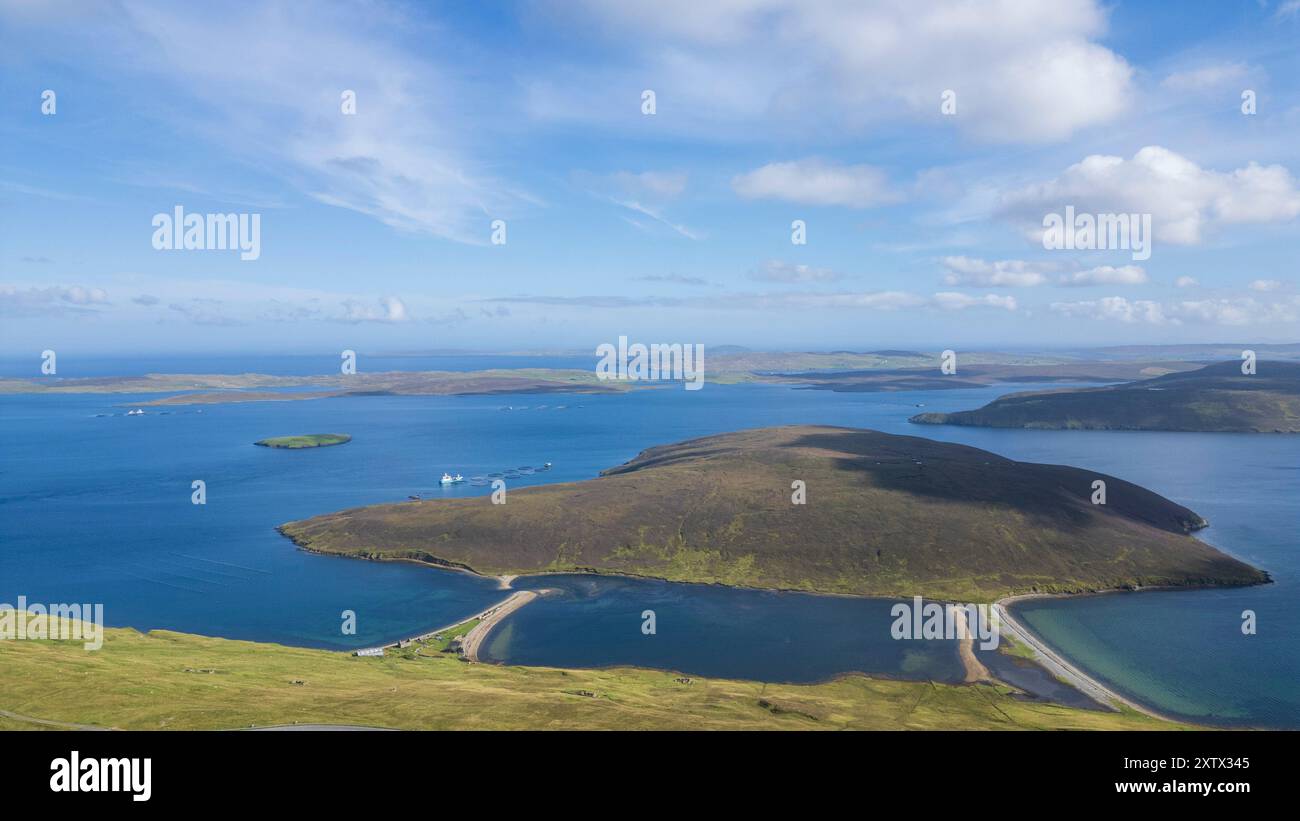 Aerial view of Swinister Voe and the Ayres of Swinister, Shetland ...