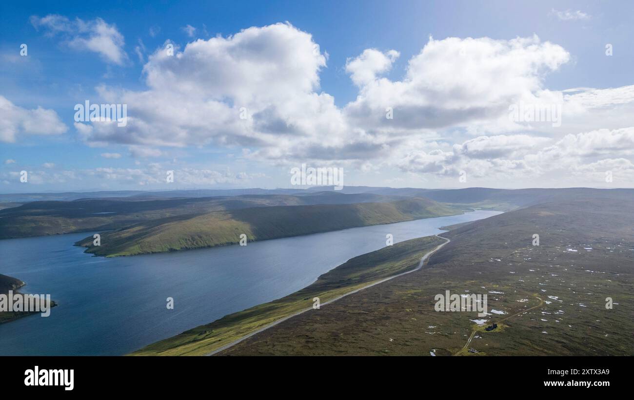 Aerial view of Swinister Voe and the Ayres of Swinister, Shetland ...