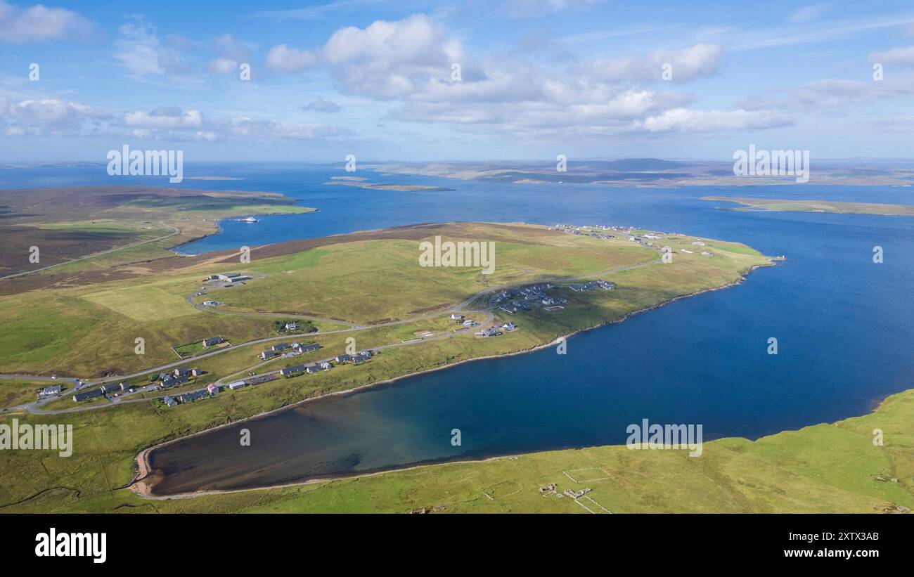 Aerial view of Swinister Voe and the Ayres of Swinister, Shetland ...